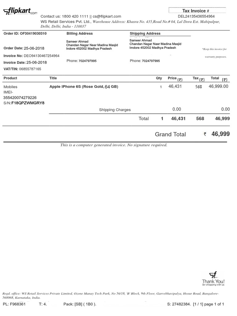 Iphone 6s Invoice | PDF | Consumer Electronics | Mobile Computers