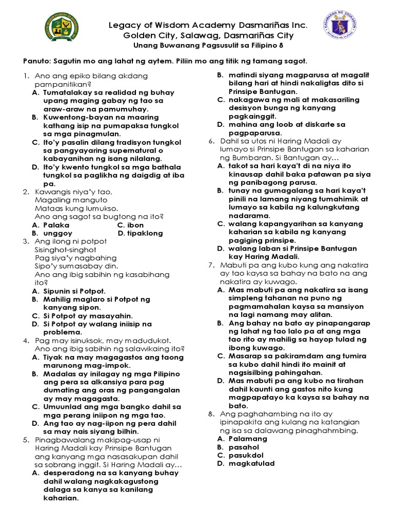 Unang Buwanang Pagsusulit Sa Filipino 8 | PDF