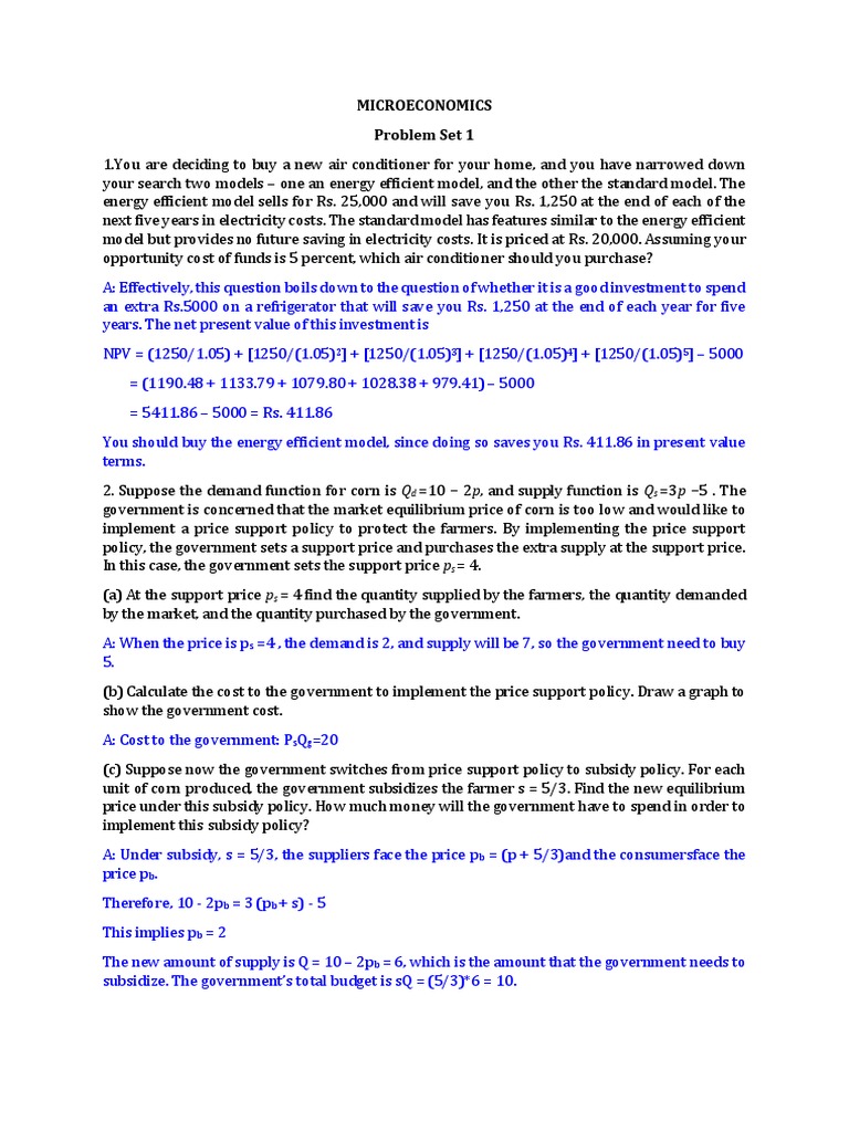 Problem Set 1 Solutions | PDF | Subsidy | Demand