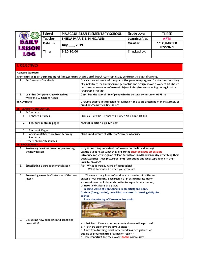 DLL LESSON PLAN IN ARTS Q1 WK 5 | PDF | Teachers | Differentiated ...