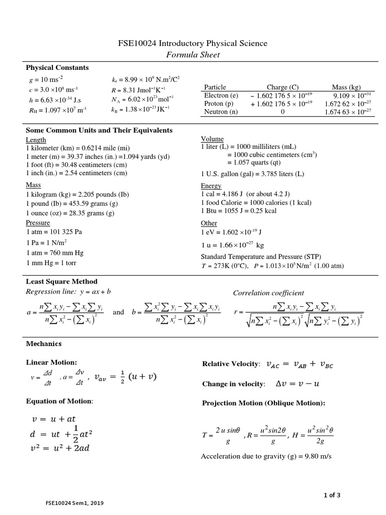 FSE10024 Introductory Physical Science: Formula Sheet | PDF | Calorie ...
