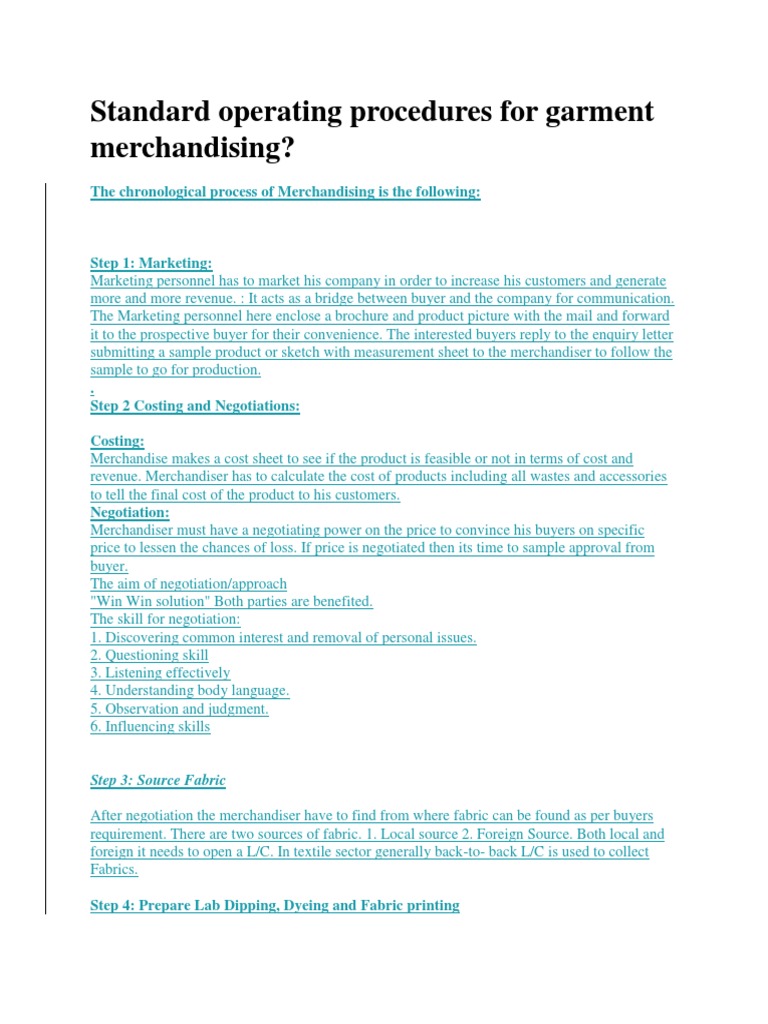 SOP for Garment Merchandising Process | PDF | Invoice | Dyeing