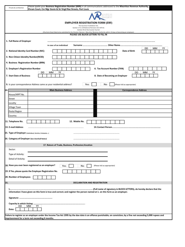 Employer Registration Form (Erf) : DD MM YY | PDF | Government | Social ...