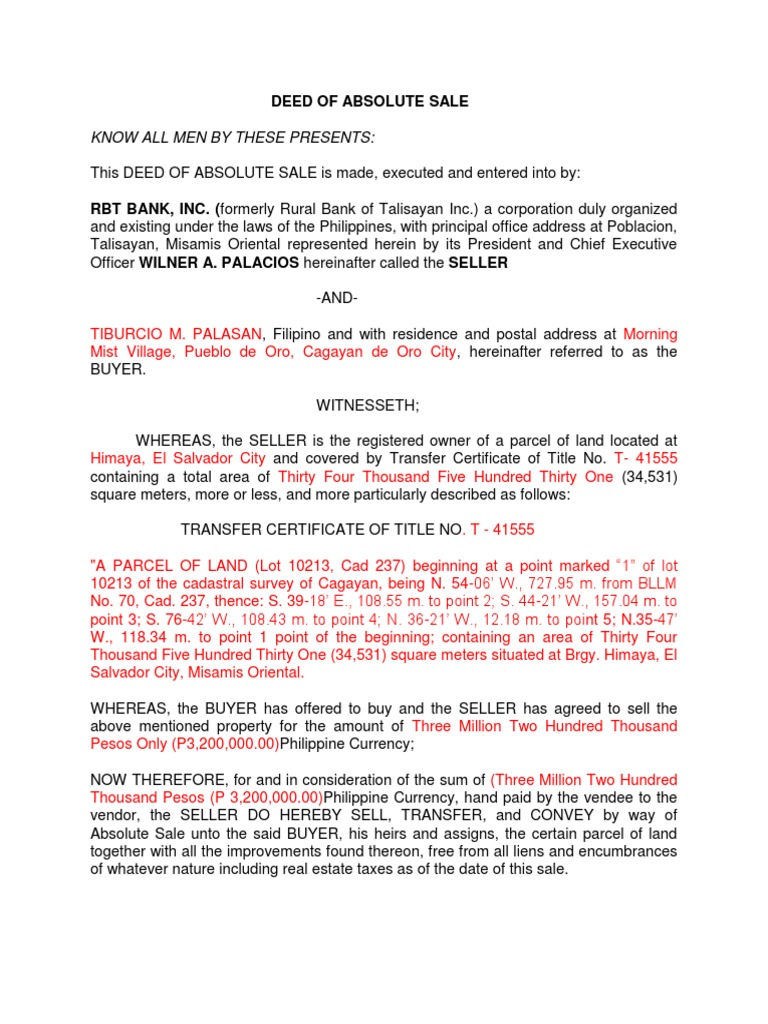 Deed of Absolute Sale | PDF | Private Law | Property Law