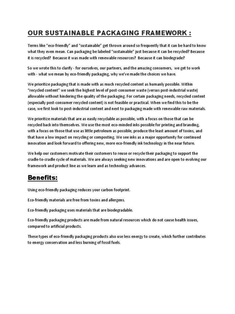 Our Sustainable Packaging Framework:: Benefits | PDF