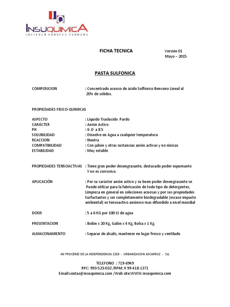 Pasta Sulfonica Ficha Tecnica | PDF
