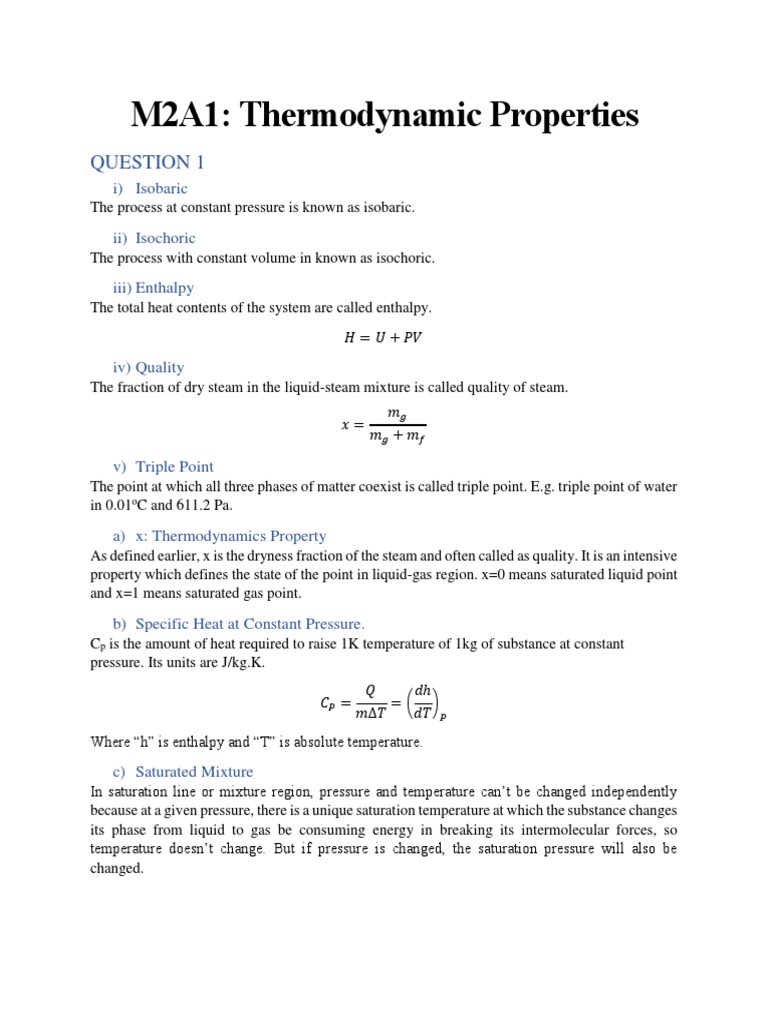 M2A1 Thermodynamic Properties (Assignment) JSM | PDF | Enthalpy | Temperature