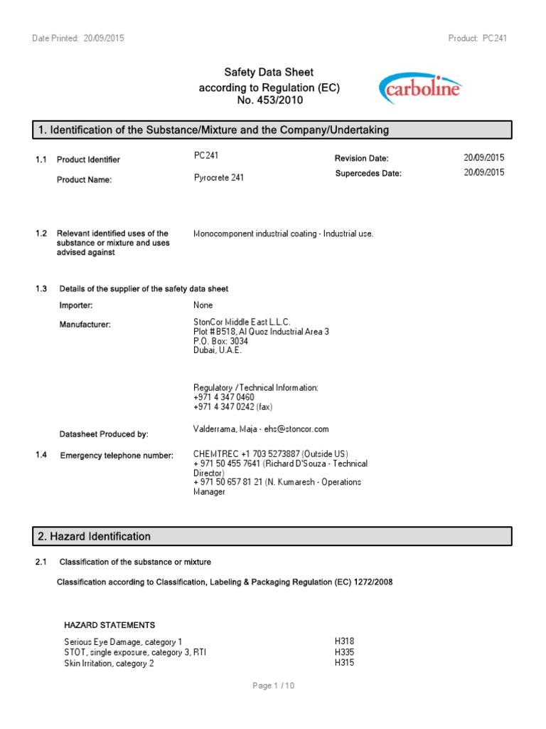 Pyrocrete 241 MSDS | PDF | Toxicity | Dangerous Goods