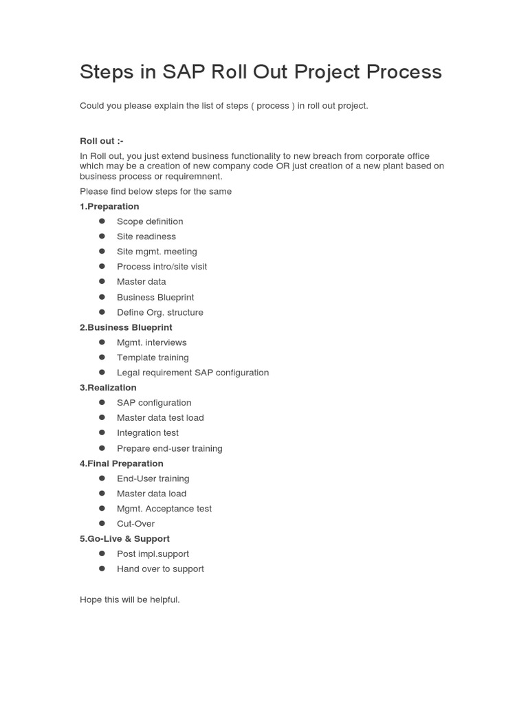 Steps in SAP Roll Out Project Process | PDF