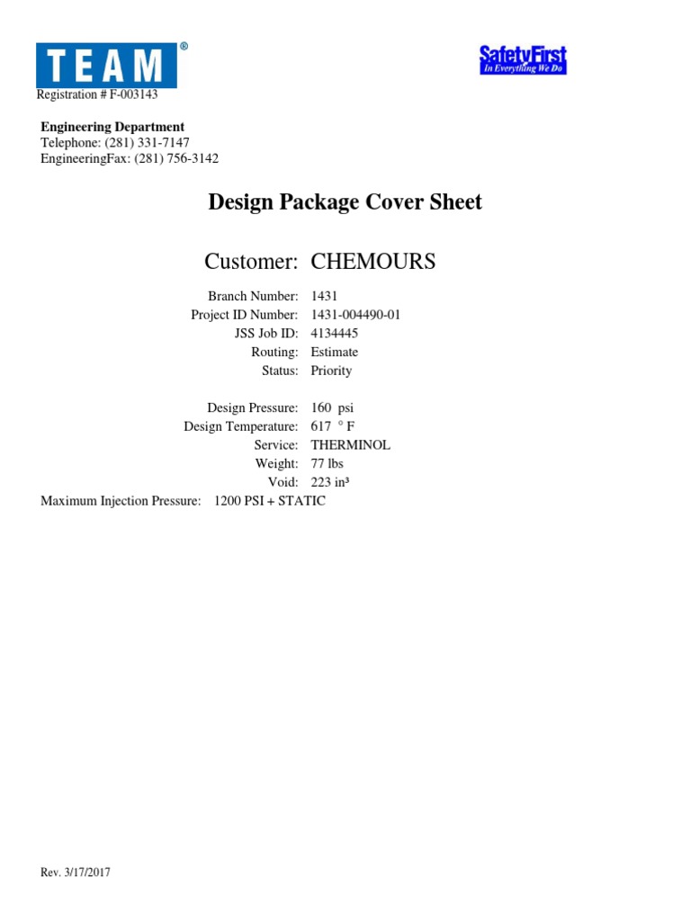 Design Package Cover Sheet: Customer: CHEMOURS | PDF