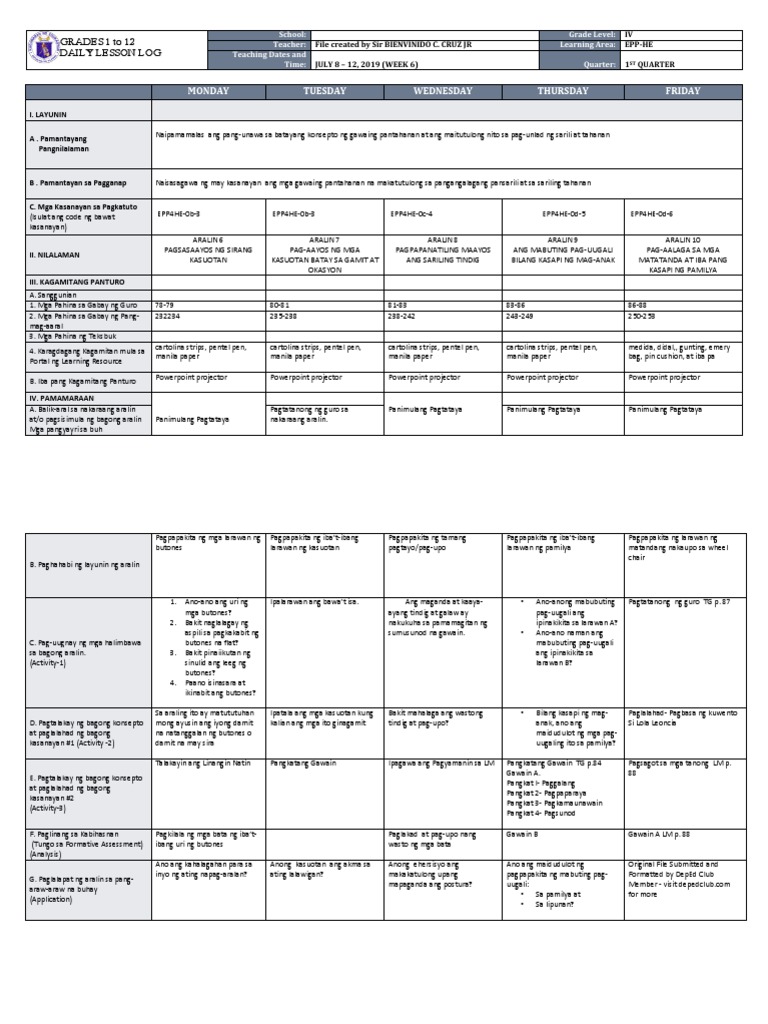 DLL Epp-He 4 q1 w6 | PDF