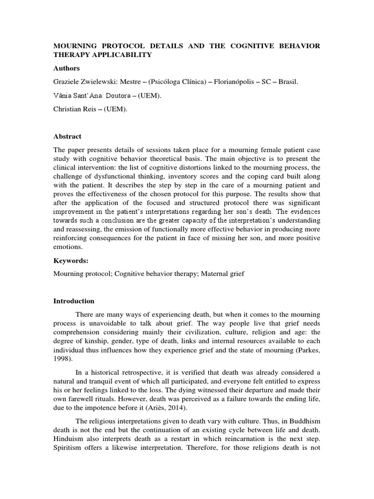 Mourning Protocol Details and The Cognitive Behavior Therapy ...