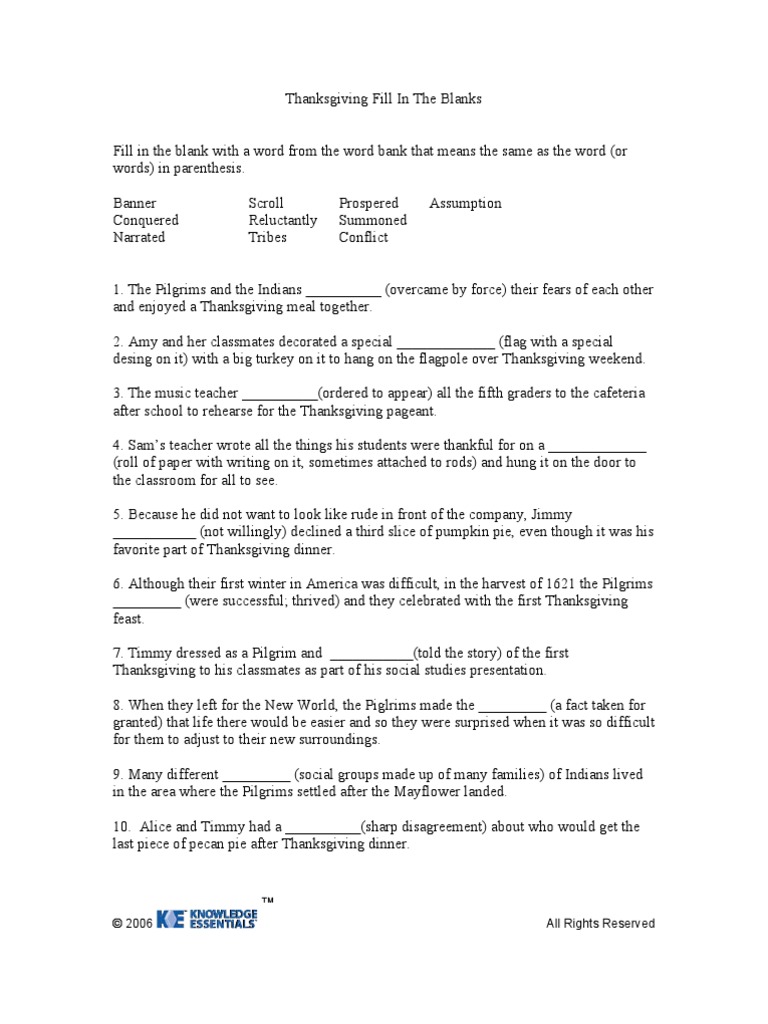 Activity | Grade 3-4 | Thanksgiving Fill in the Blank