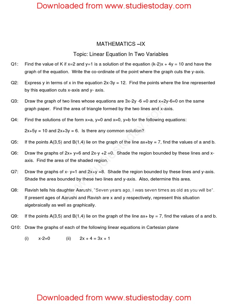 CBSE Class 9 Linear Equations in Two Variables Assignment 3 PDF | PDF