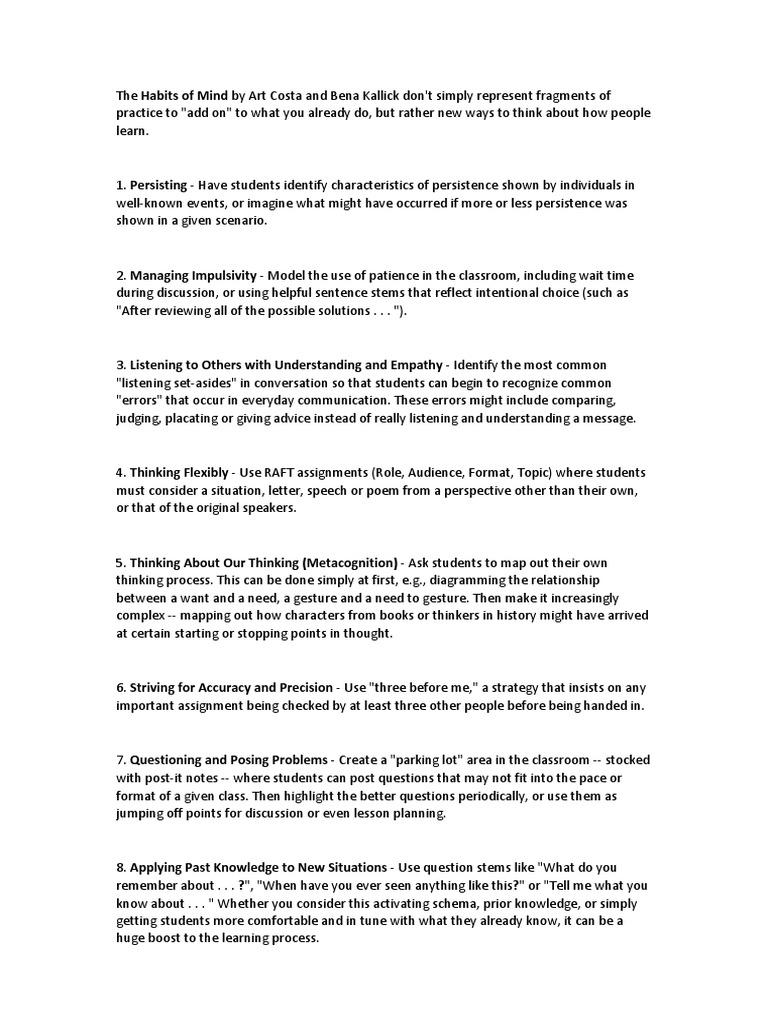 Essential Habits of Mind for Learning | PDF | Thought | Metacognition