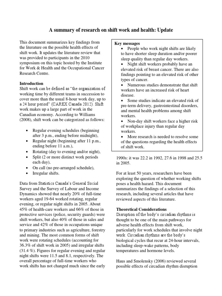 Shift Work and Health FINAL For WEBSITE | PDF | Shift Work | Sleep