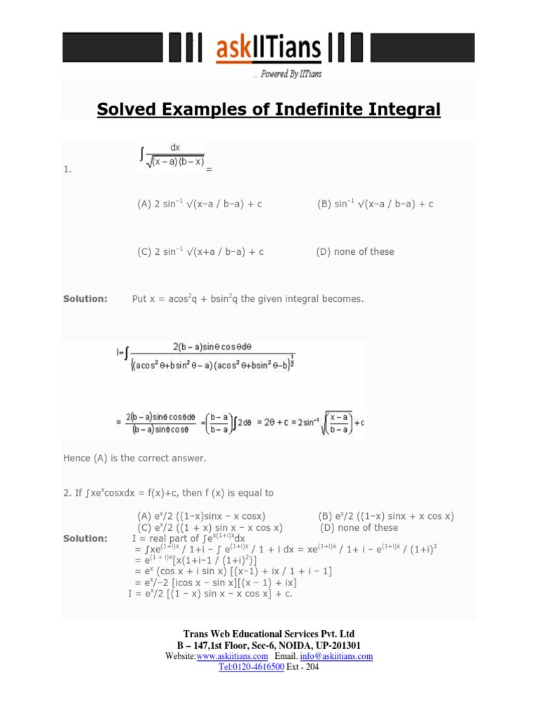 Solved Examples of Indefinite Integral PDF | PDF | Functions And ...