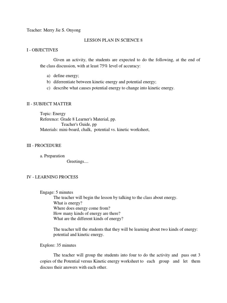 LESSON PLAN IN SCIENCE 8 Energy | PDF | Lesson Plan | Psychological ...