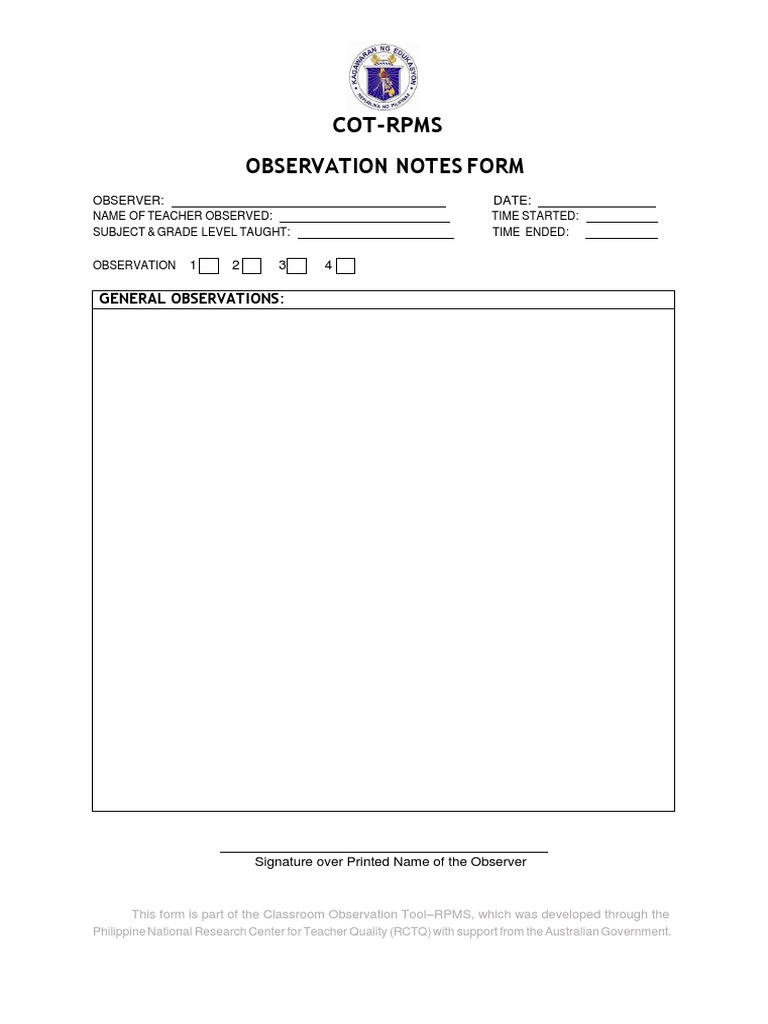 COT-RPMS Observation Notes Template | PDF