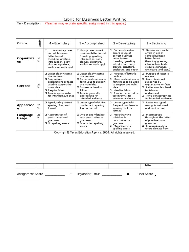 Rubric For Business Letter Writing: (Teacher May Explain Specific ...