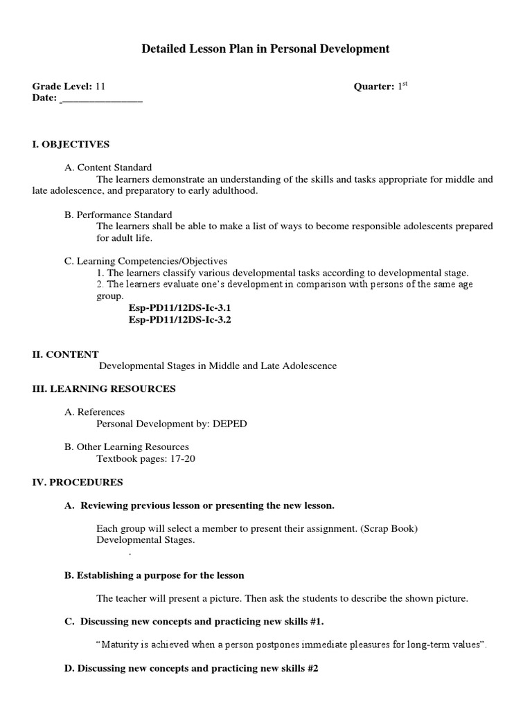 Detailed Lesson Plan in Personal Development | PDF | Adolescence | Learning
