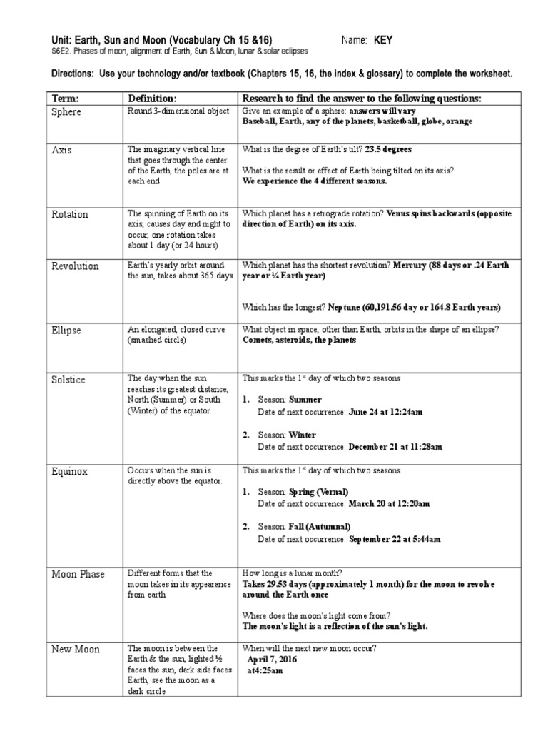 Earth Moon Sun Vocab Answers | PDF | Eclipse | Moon