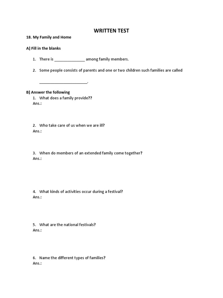Written Test: 18. My Family and Home A) Fill in The Blanks | PDF ...
