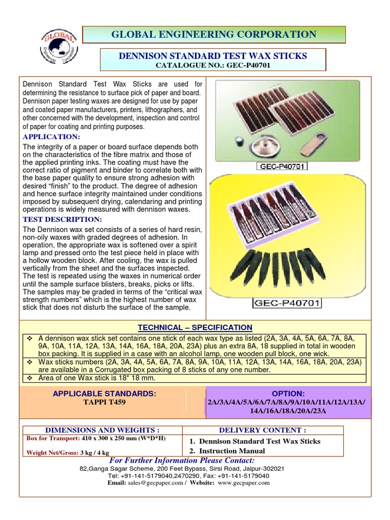 Dennison Standard Test Wax Sticks Gec p40701 | PDF | Paper | Wax