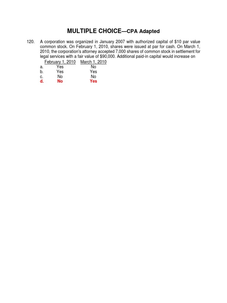 MULTIPLE CHOICE-CPA Adapted | PDF | Stocks | Treasury Stock