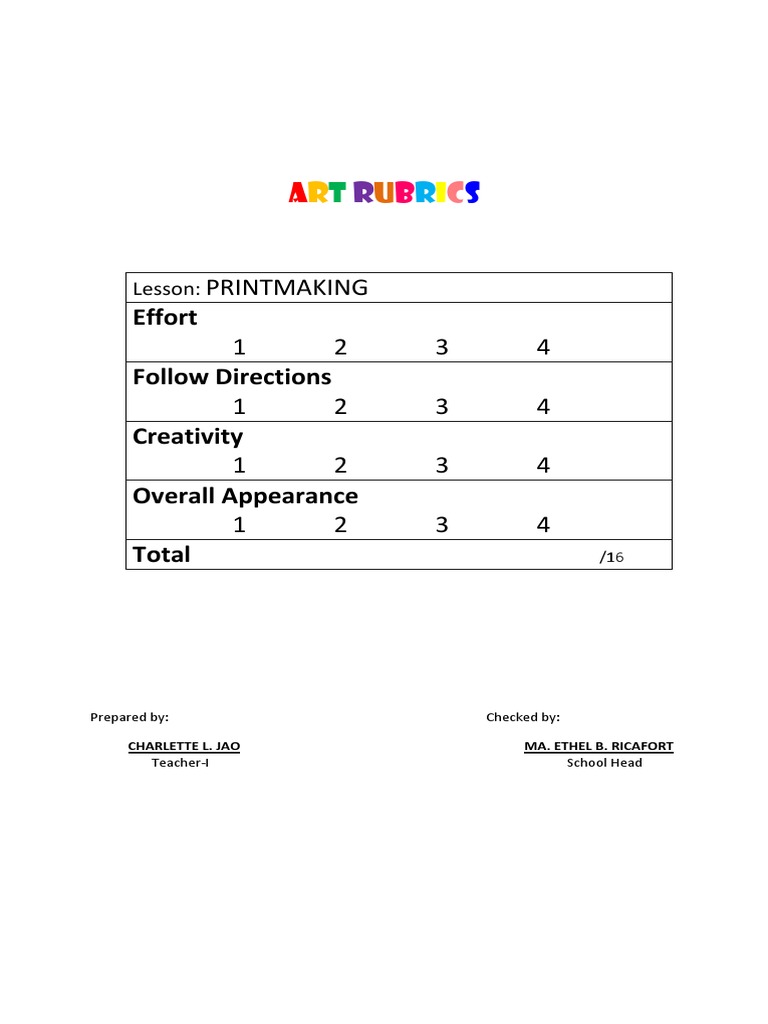 Printmaking Art Rubric Guide | PDF | Language Arts & Discipline ...