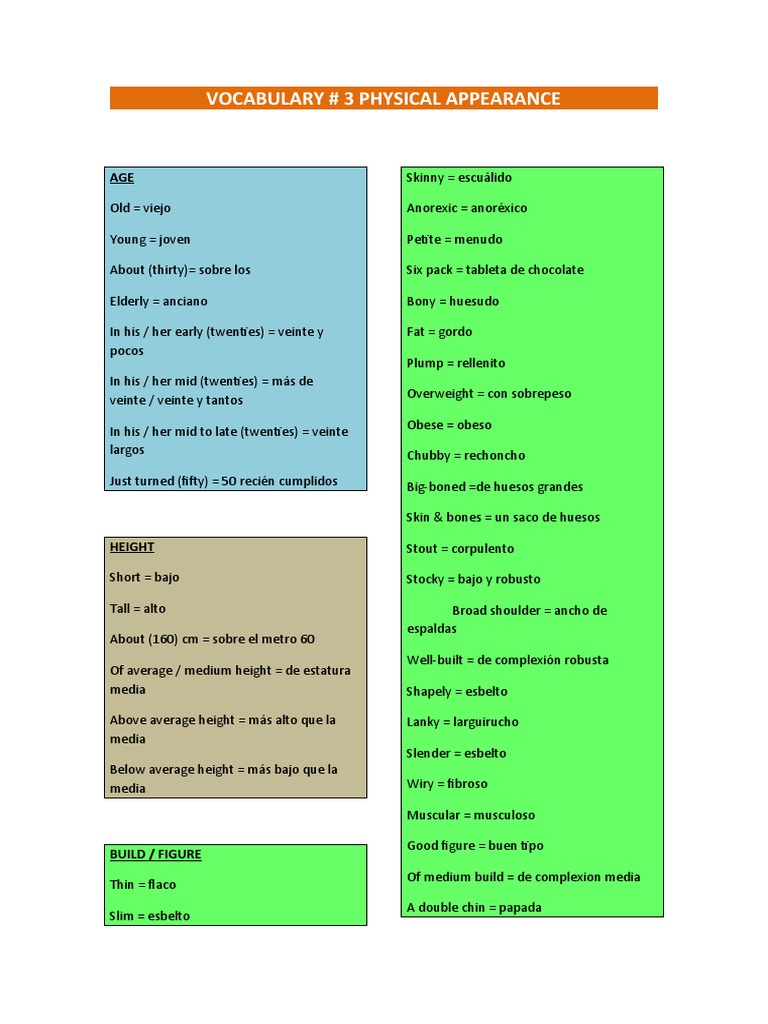 Physical Appearance Vocabulary Guide | PDF | Human Appearance | Human Body