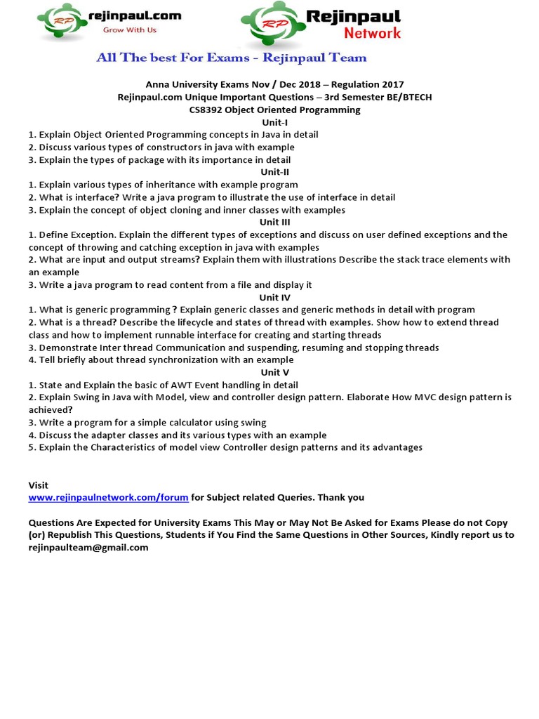 OOP Important Questions for CS8392 | PDF | Object Oriented Programming | Model–View–Controller