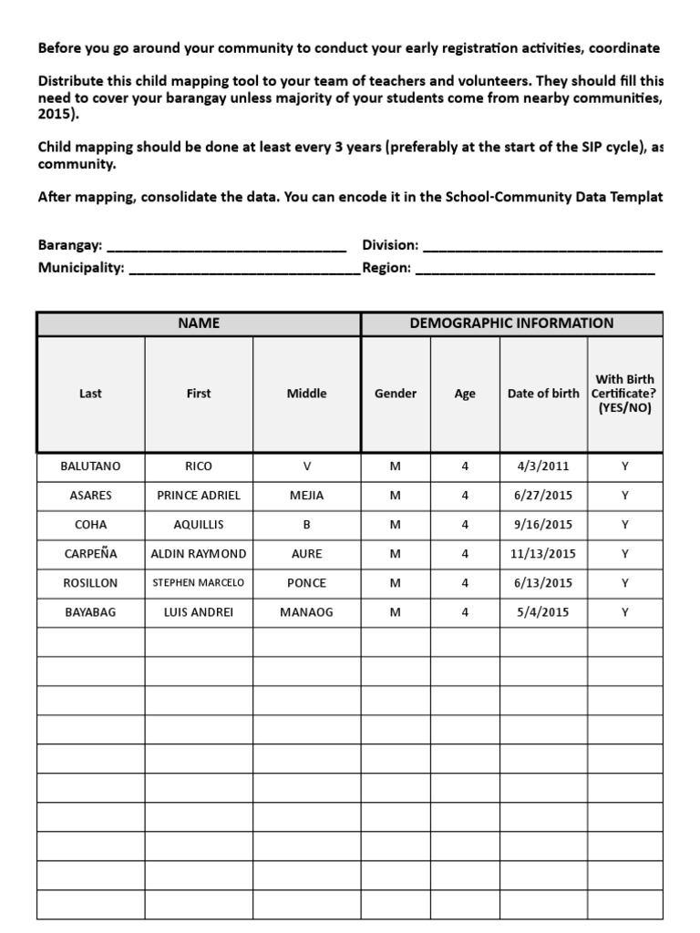 GRADE ONE Sip - Annex - 1b - Child - Mapping - Tool 1920 | PDF | Birth Certificate | Disability