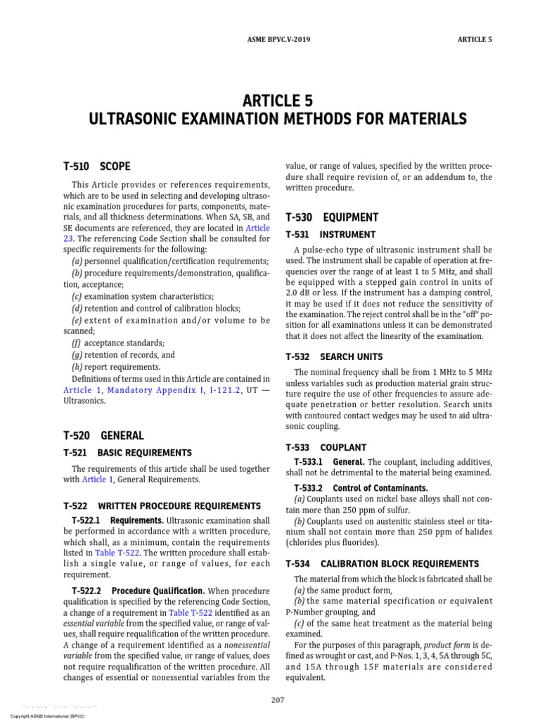 ASME Sec V - 2019 - Article 5 | PDF | Calibration | Ultrasound