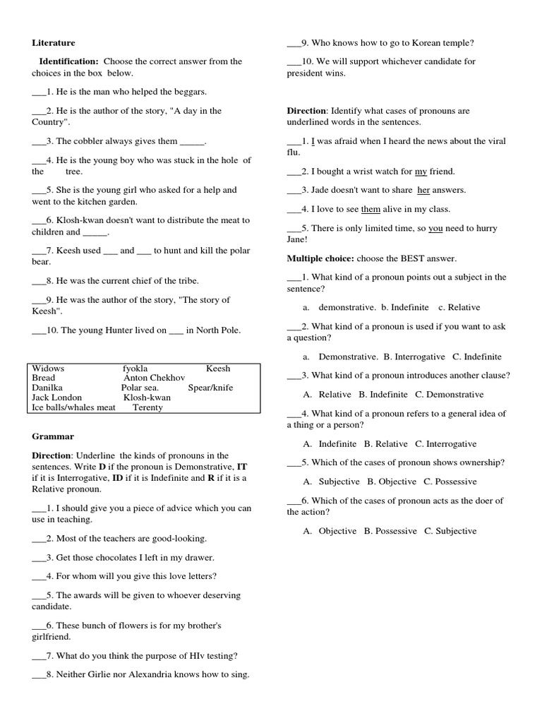 Long Quiz in English 10 | PDF | Pronoun | Grammatical Number