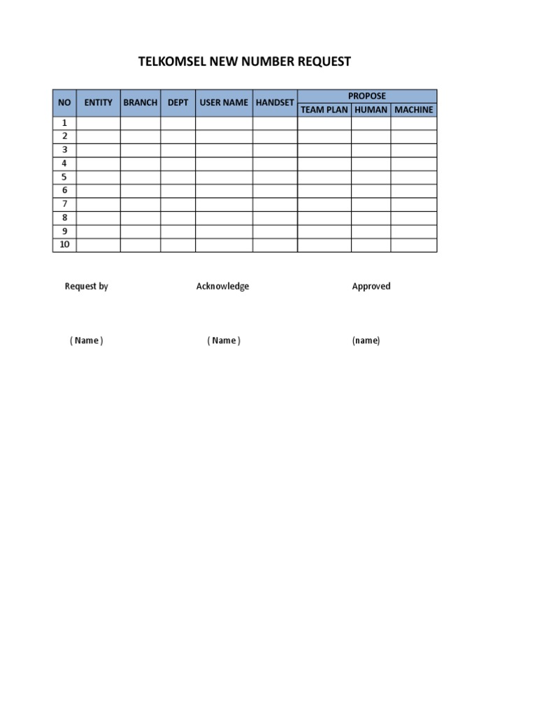 Telkomsel New Number Request: NO Entity Branch Dept User Name Handset ...