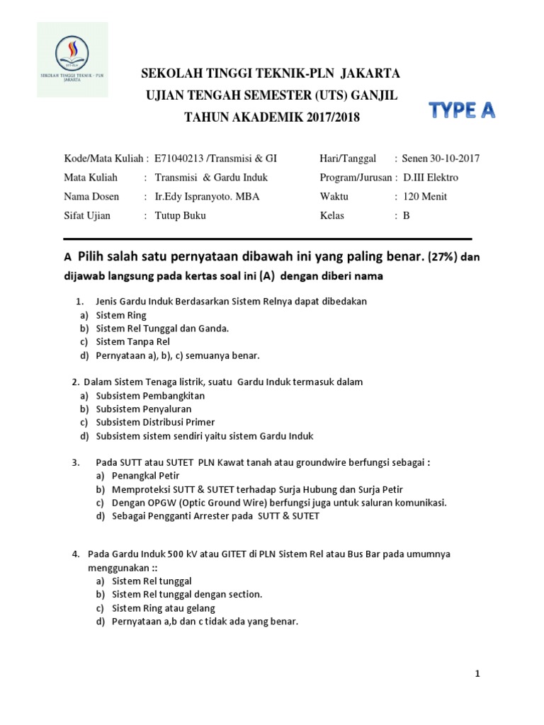 Soal UTS Gardu Induk & SUTT 2017 Type A | PDF
