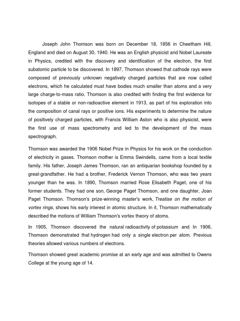 Vortex Rings, Shows His Early Interest in Atomic Structure. in It ...