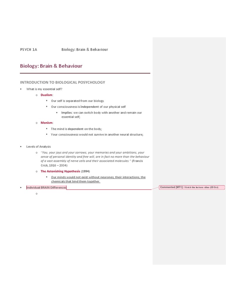 Biology - Brain (Introduction To Biologiacal Psychology) | PDF ...