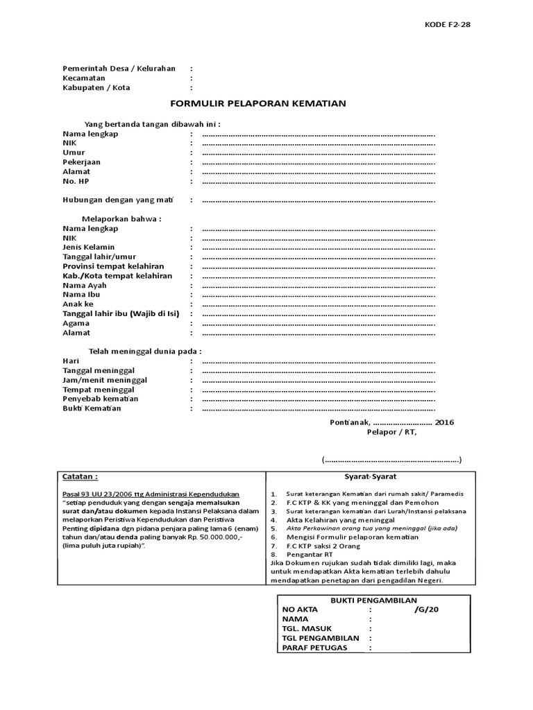 Formulir Pelaporan Kematian Dukcapil | PDF | Hukum