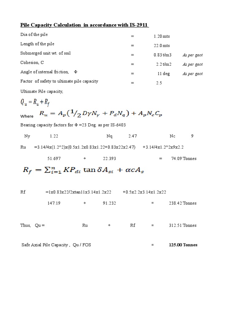 Pile Capacity Calculation in Accordance With IS-2911: As Per Geotech ...