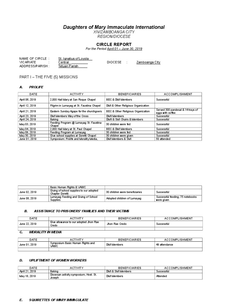 DMI Semestral Report Format REVISED 2019 | PDF | Catholic Church