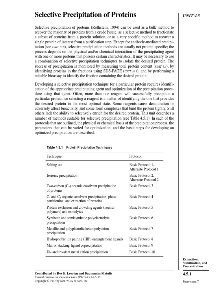 Selective Precipitation of Proteins: UNIT 4.5 | PDF | Protein ...