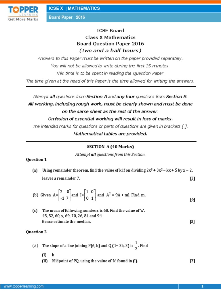ICSE Board Class X Mathematics Board Question Paper 2016 | PDF | Circle ...