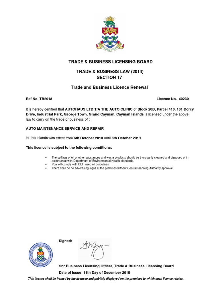 Trade and Business Licence Autohaus LTD (Maintenance Service Repair ...