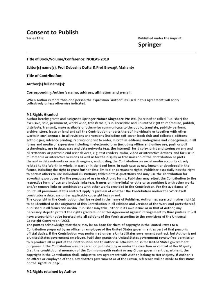 Springer Consent To Publish Form | PDF | Copyright | Publishing