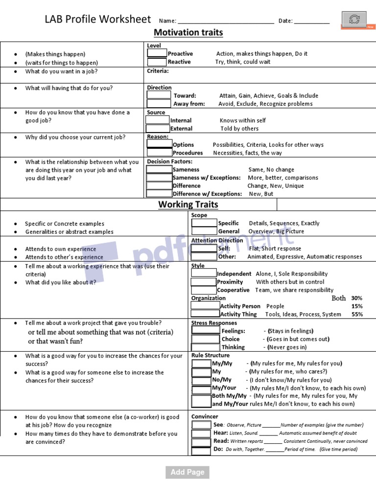Lab Profile Worksheet Motivation Traits Pdf Motivation Motivational