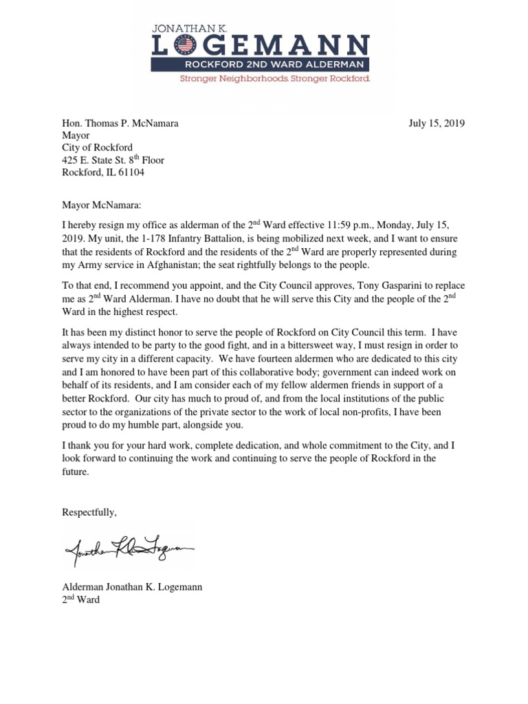 Alderman Jonathan Logemann Conditional Resignation Letter July 15 2019 ...