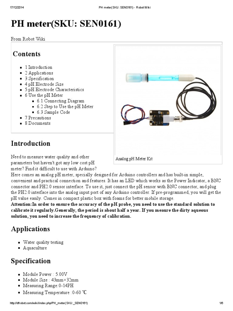PH Meter Sku Sen0161 - Robot Wiki PDF | PDF | Ph | Calibration