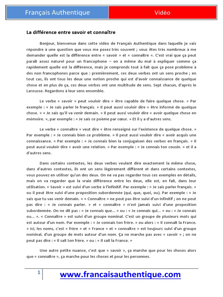 La Difference Entre Savoir Et Connaitre | PDF | Clause | Verbe